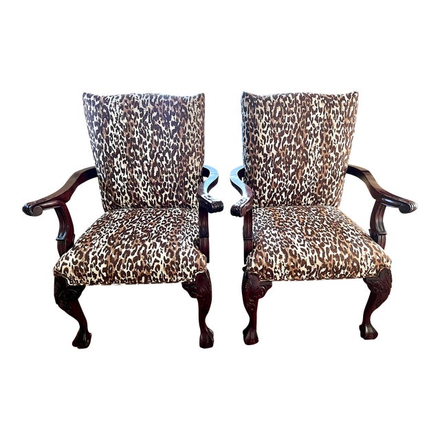 Pair of Carved Mahogany Leopard Print Armchairs New Upholstery | Chairish