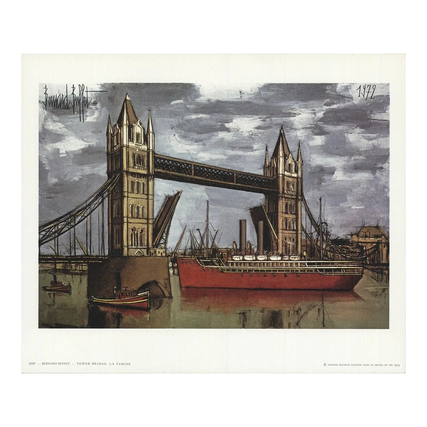 Bernard Buffet 'London Bridge, Thames River' Modernism Brown,Gray,White ...