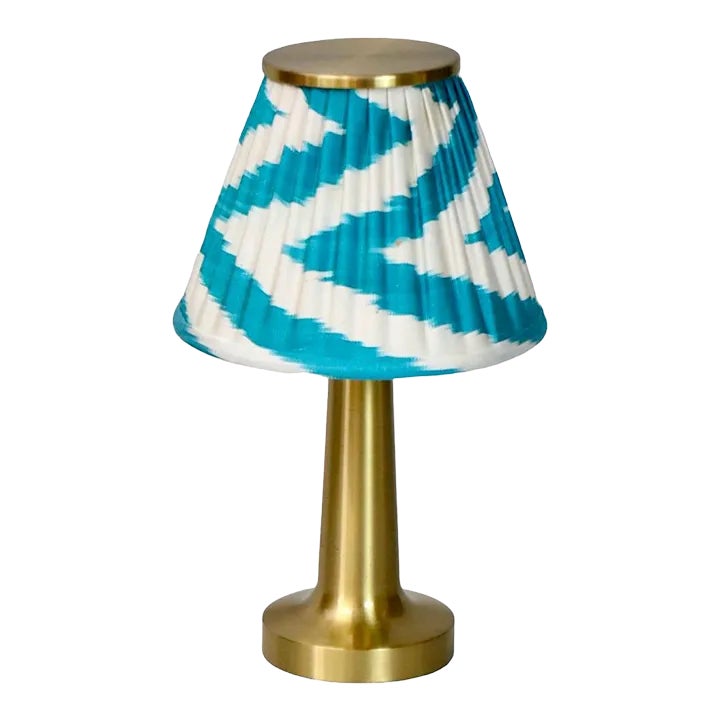 21st Century Brass Finish Lamp with Turquoise Ikat Lampshade | Chairish