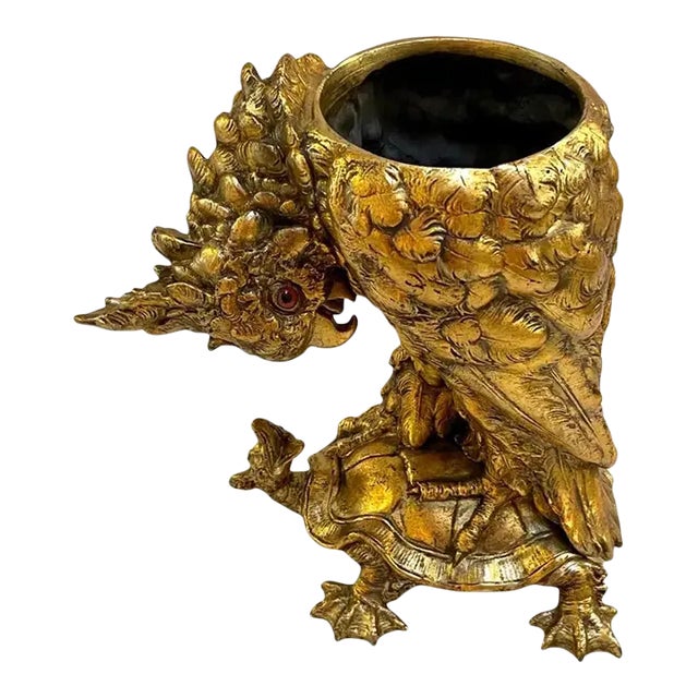 Aesthetic Gilt Metal Cockatoo & Turtle Figural Cachepot | Chairish