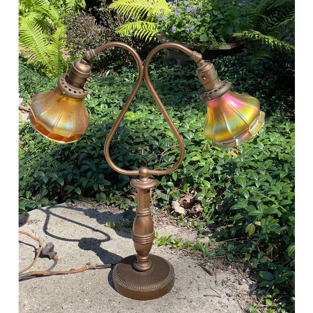 1920s Handel Art Nouveau Lamp With Steuben Aurene Glass Shades | Chairish