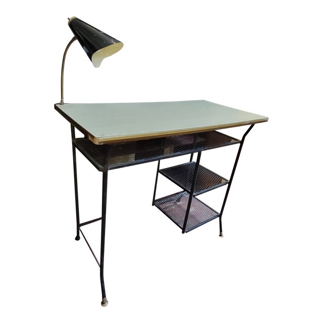 Mid Century Modern Metal and Formica Desk With Built in Light | Chairish
