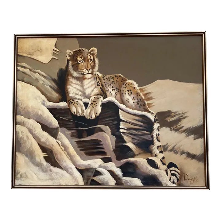 Vintage Mid-Century Large Snow Leopard Painting in Original Frame ...