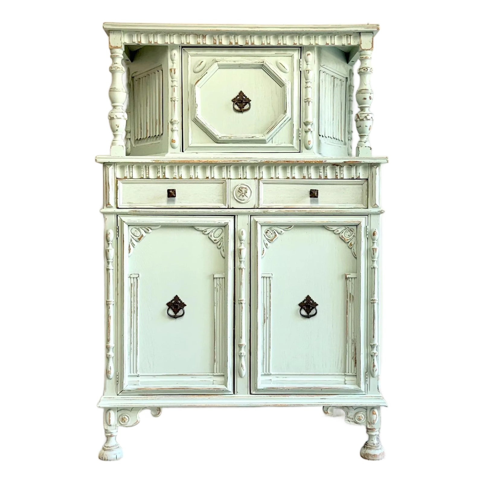 1920s Antique Turquoise Hutch in Distressed Finish | Chairish