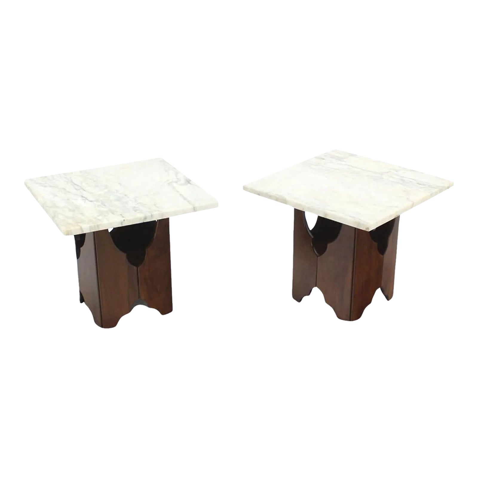 Mid-Century Modern Walnut Base Square Marble Top End Side Tables MINT ...