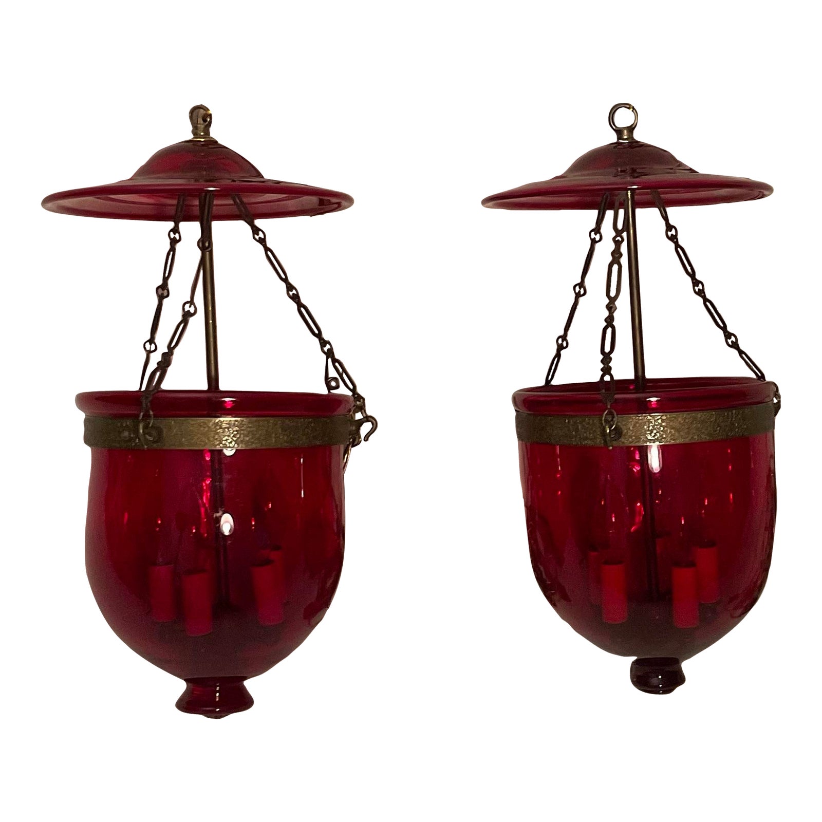 Pair Vintage Persian Red Glass Lantern Bell Jar Pendant Swag Light, C ...