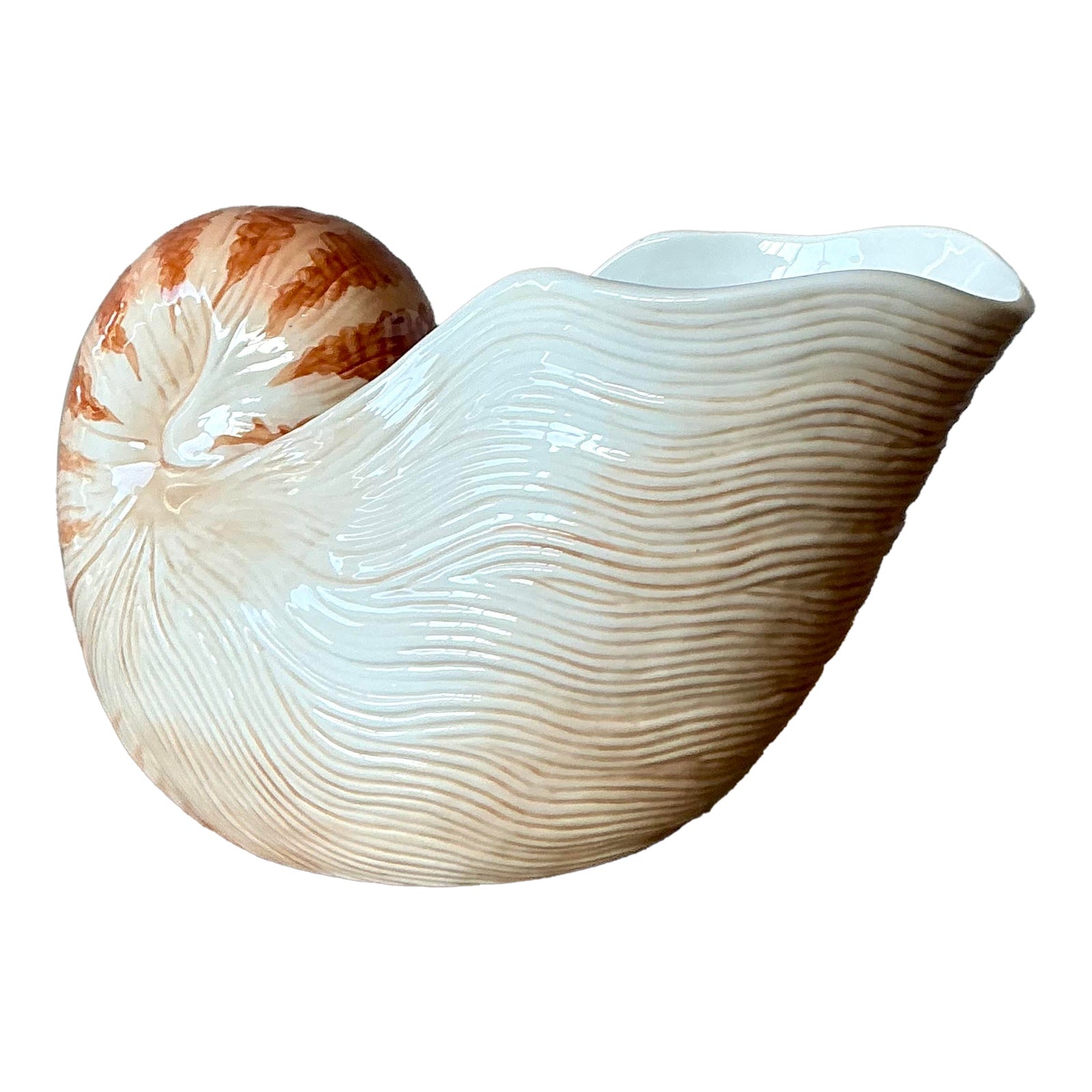 Vintage Coastal Fitz and Floyd Nautilus Shell Ceramic Cache Pot | Chairish