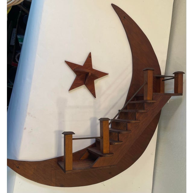 Vintage MCM Hand Made Crescent Moon Stair Step Wood Wall Shelf | Chairish
