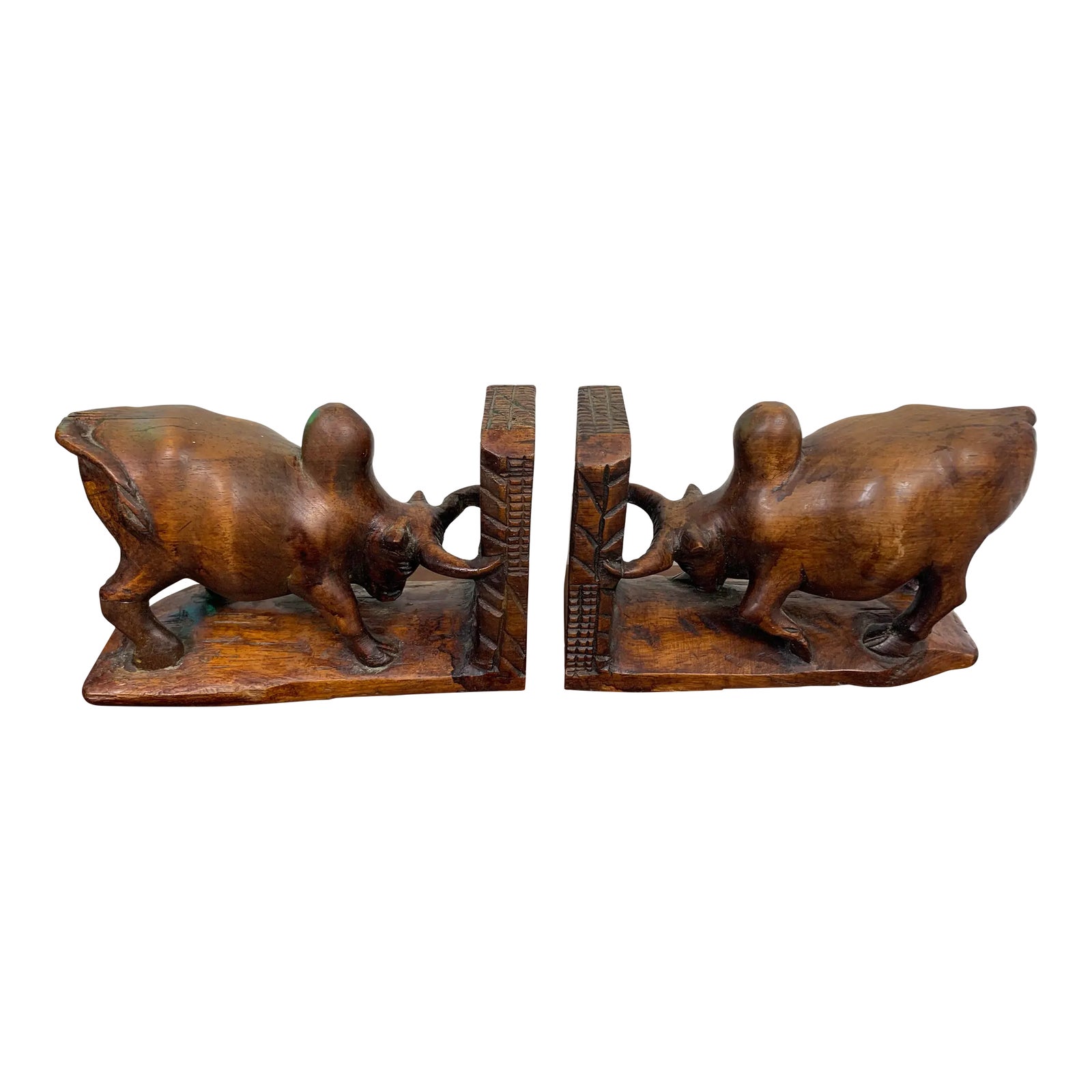 Vintage Hand-Carved Wooden Bull Bookends – Rustic Folk Art Pair | Chairish