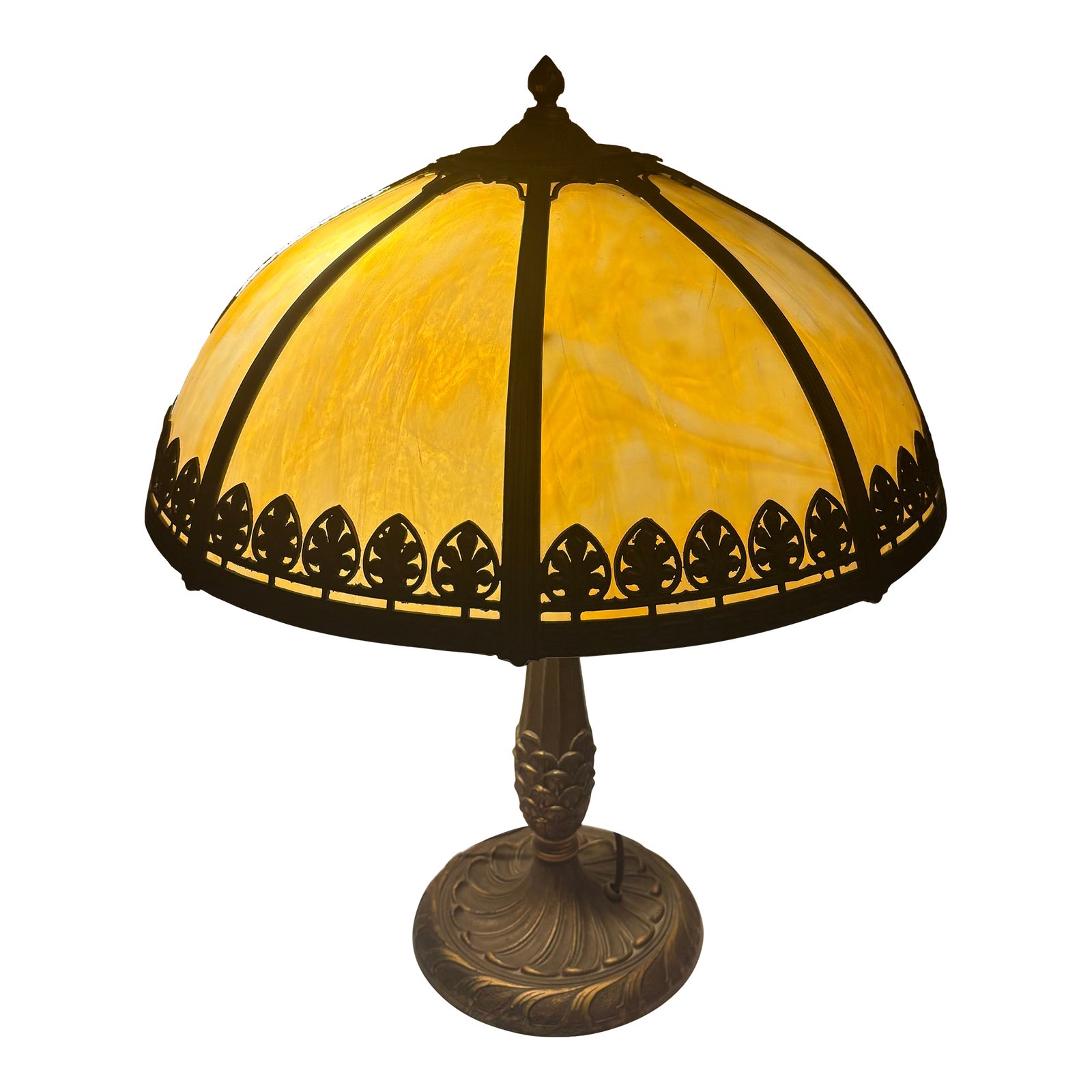Early Mid-20th Century Slag Glass Table Lamp With Ornate Cast Metal ...