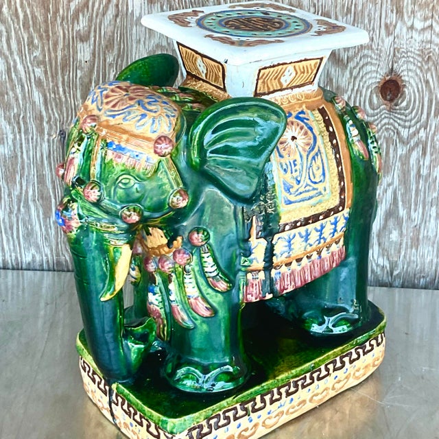 Vintage Boho Glazed Ceramic Elephant Stool | Chairish