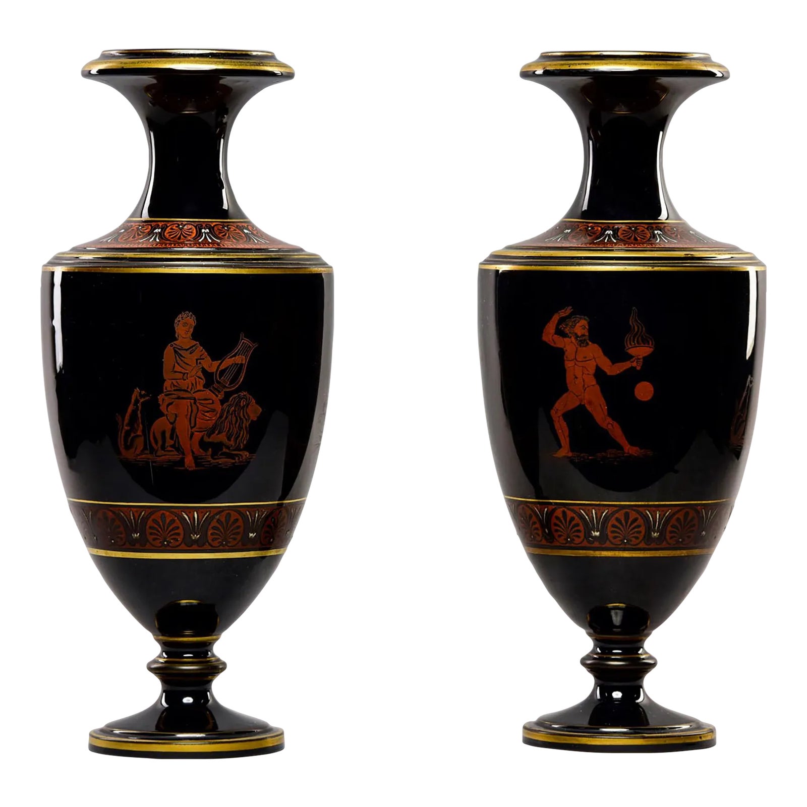 Pair Late 19th Century Black Porcelain Neoclassical Vases | Chairish