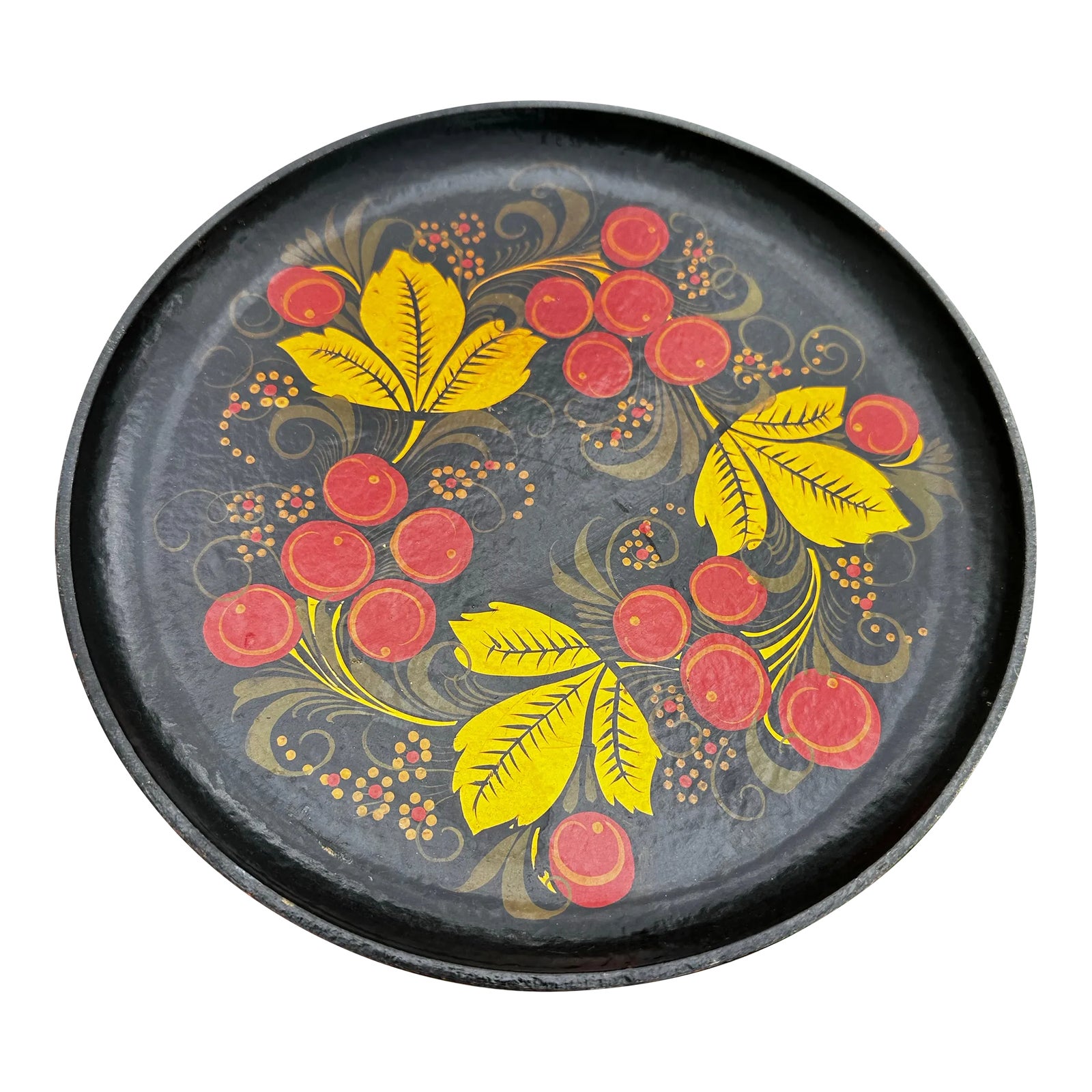 Vintage Russian Folk Art Hand Painted Lacquer Wood Plate | Chairish