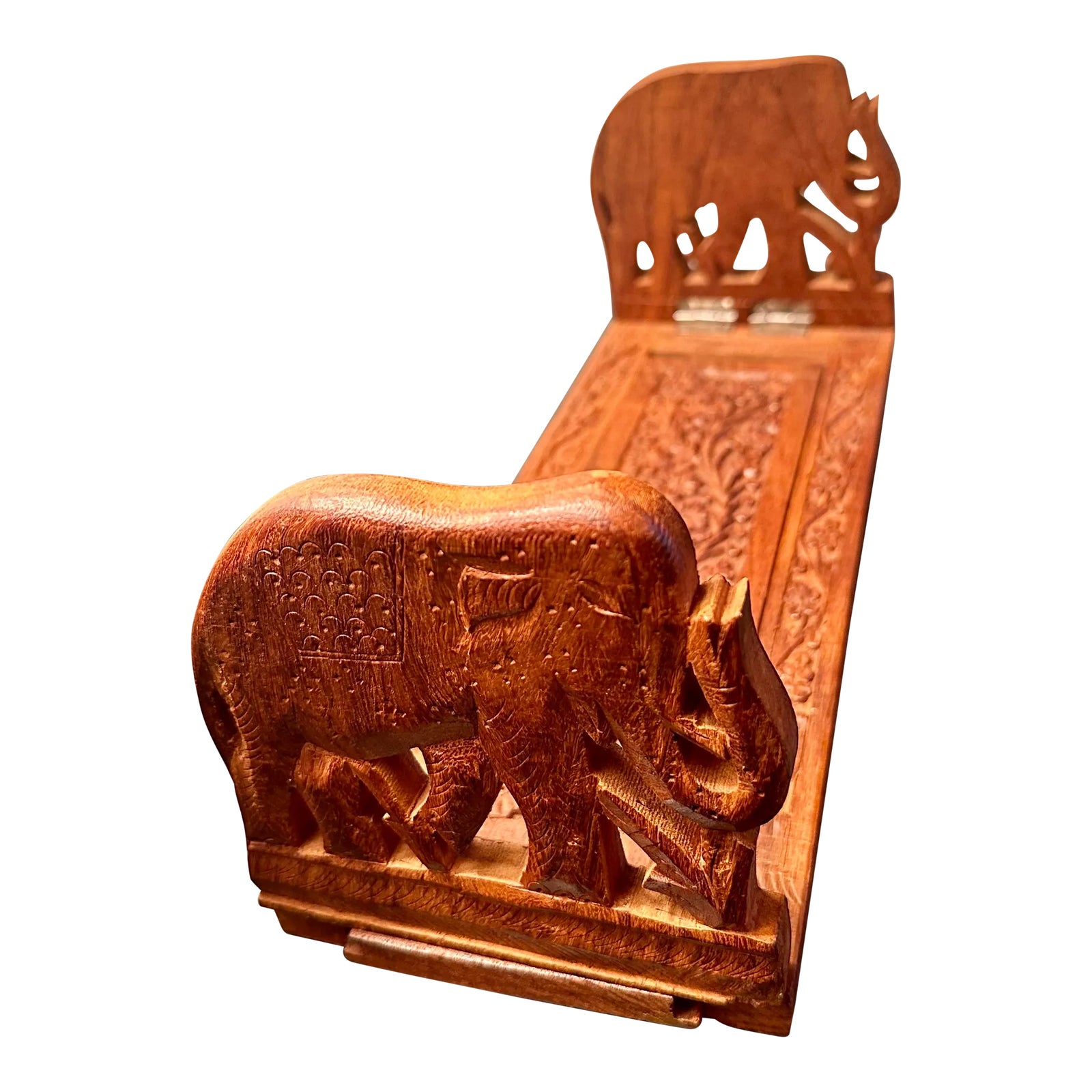 Vintage Expandable Carved Wood Elephant Bookends | Chairish