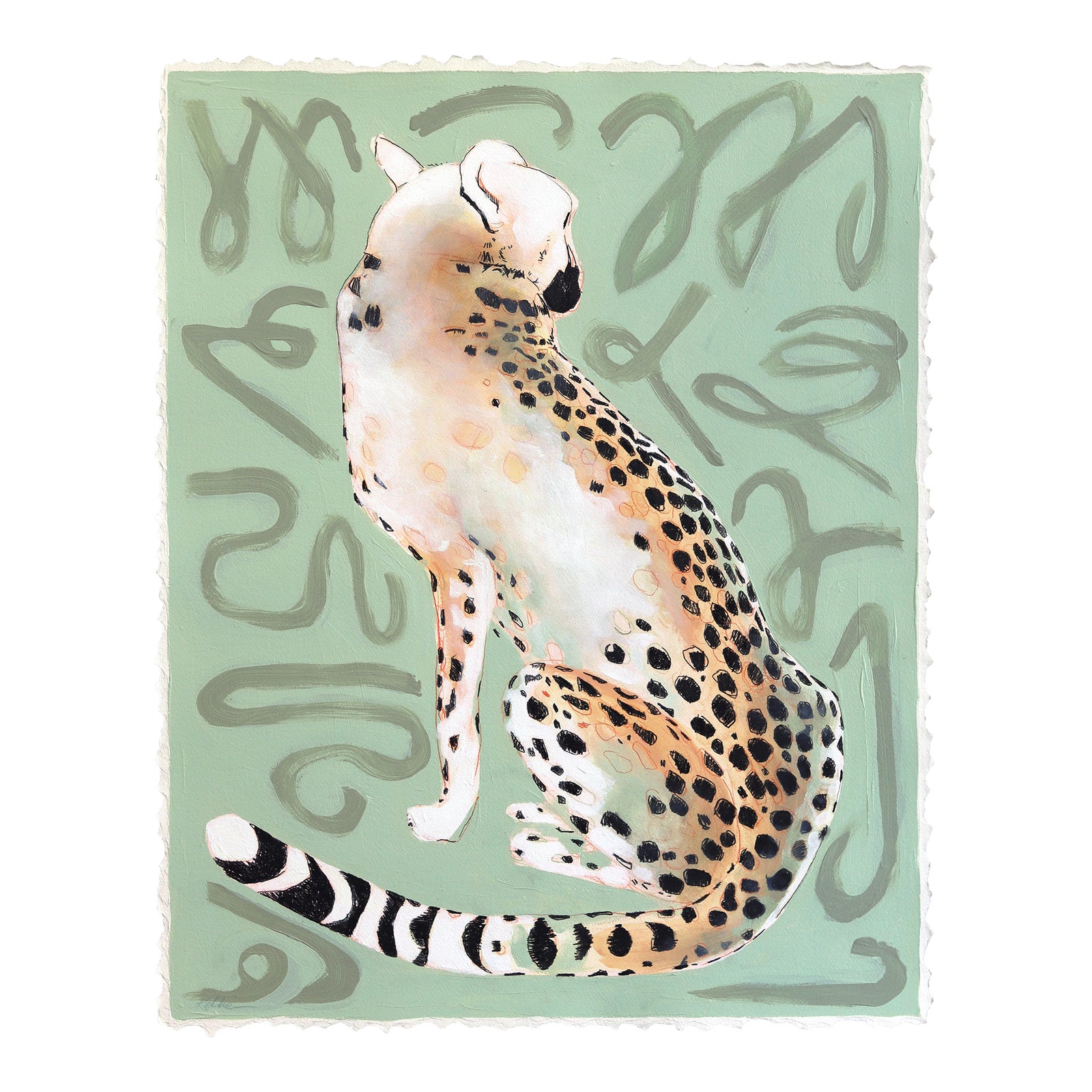 Spotted in a Crowd - Wild Cat Portrait Mixed Media Sage Green Painting ...