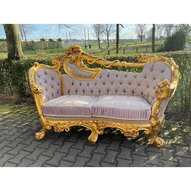 Handcrafted Late 20th Century Rococo Settee in Pink Damask With Gold ...