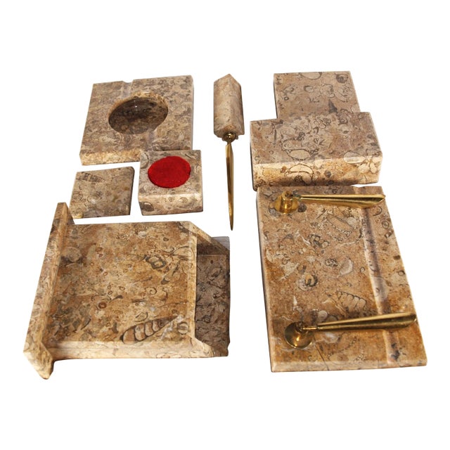 Complete 9-Piece Marble Desk Set With Vase Prehistoric Sea Life ...
