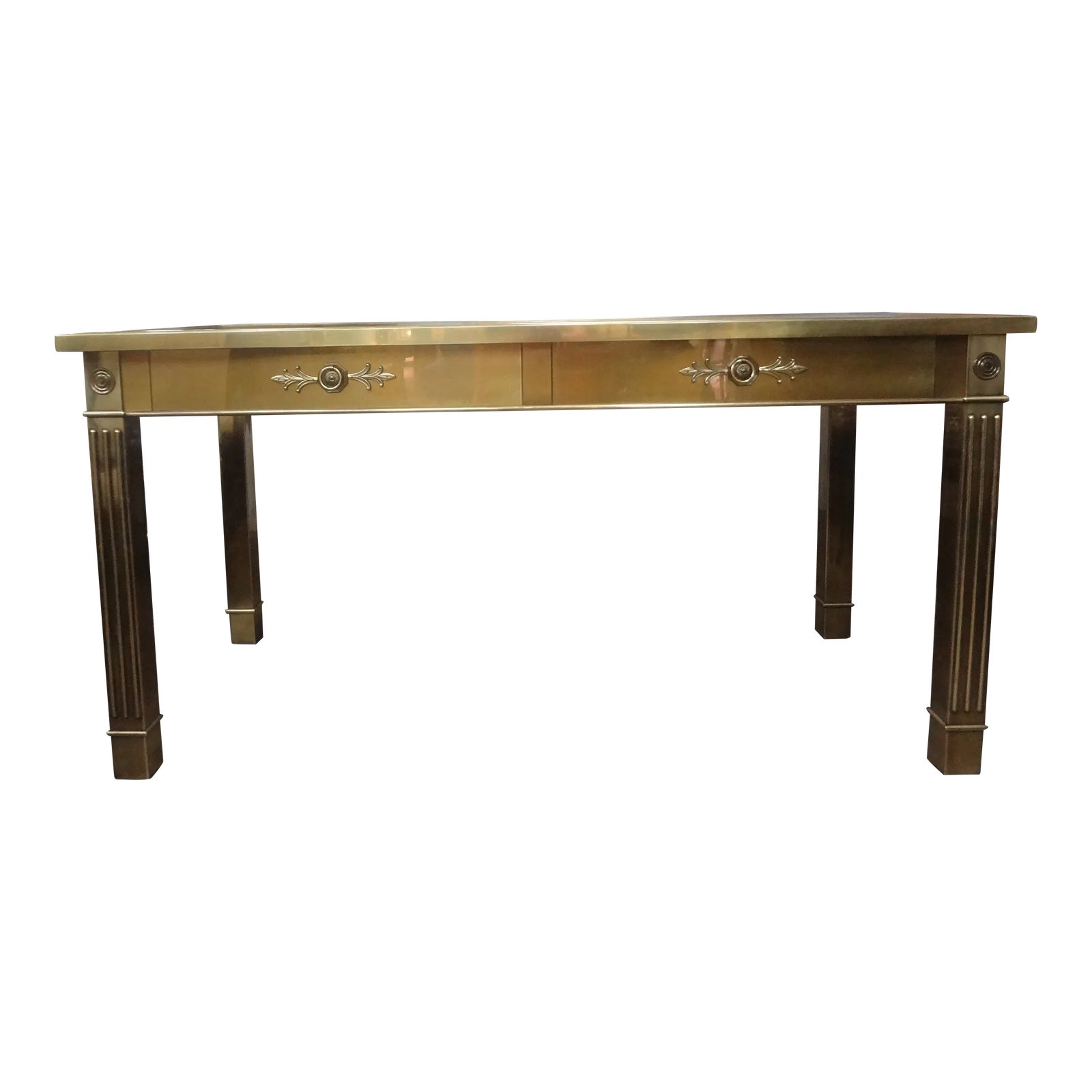 1970s Iconic Mastercraft Brass Desk With Black Leather Top | Chairish