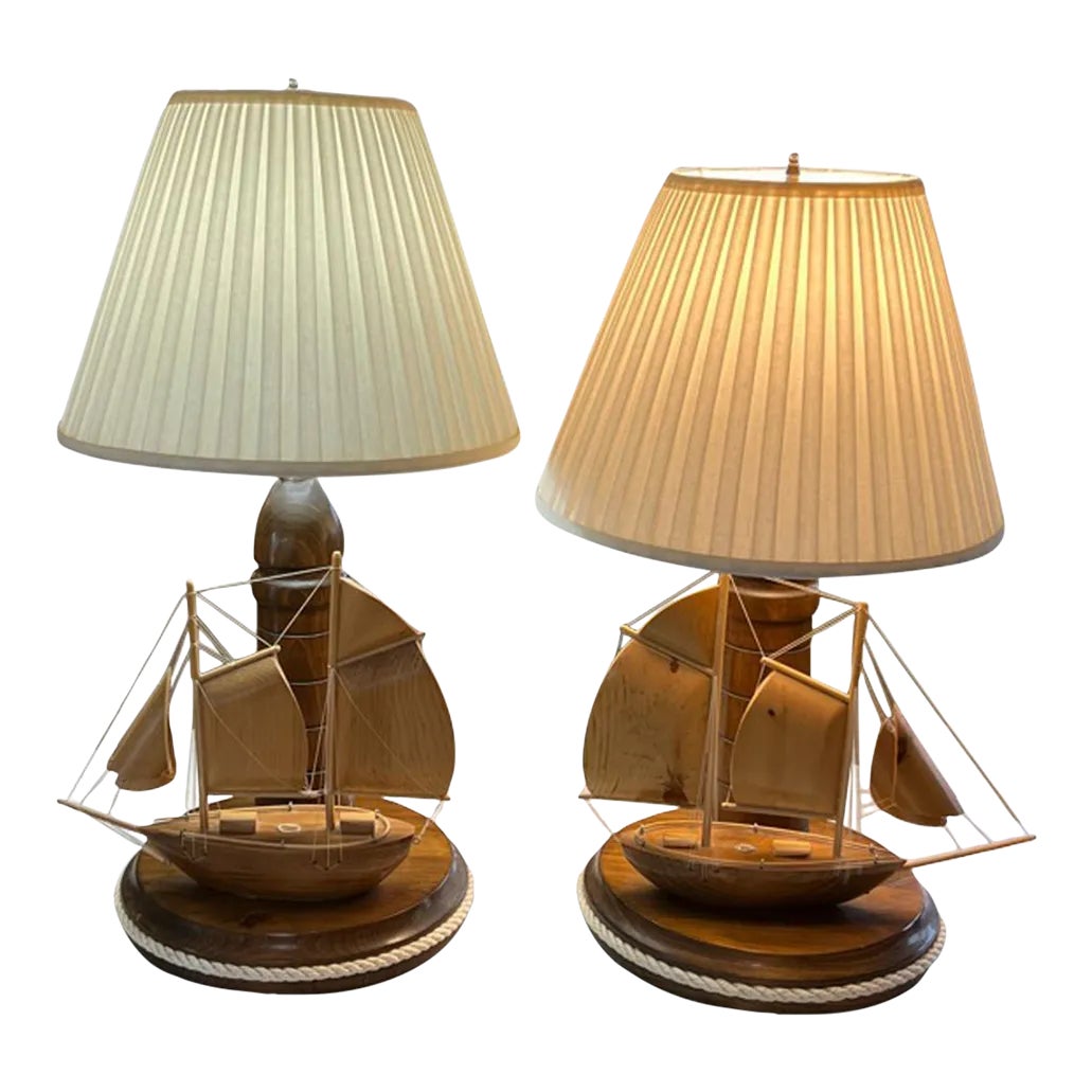 1970s Wood Sailboat & Lighthouse Lamps - A Pair | Chairish
