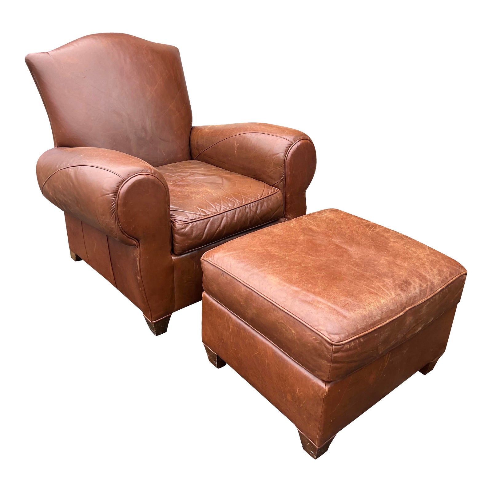 Mitchell Gold for Restoration Hardware Leather Chair and Ottoman | Chairish