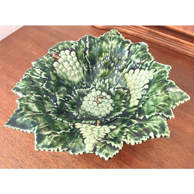 1980s Green Ceramic Grape Leaf Server Bowl, Caldas, Portugal | Chairish