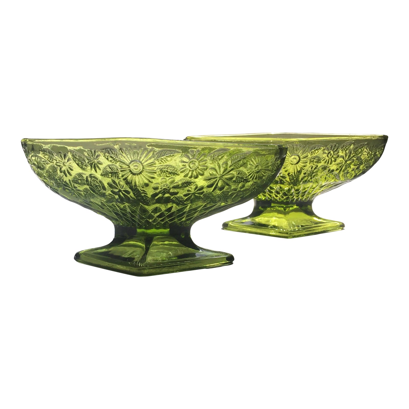 1960s Avocado Green Daisy Pattern Footed Trinket Dishes by Indiana ...