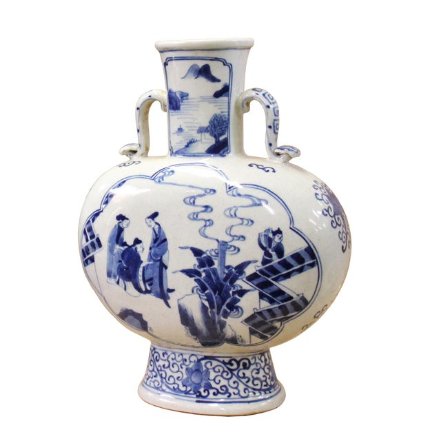 Chinese Blue White Porcelain People Graphic Oval Flat Body Vase | Chairish