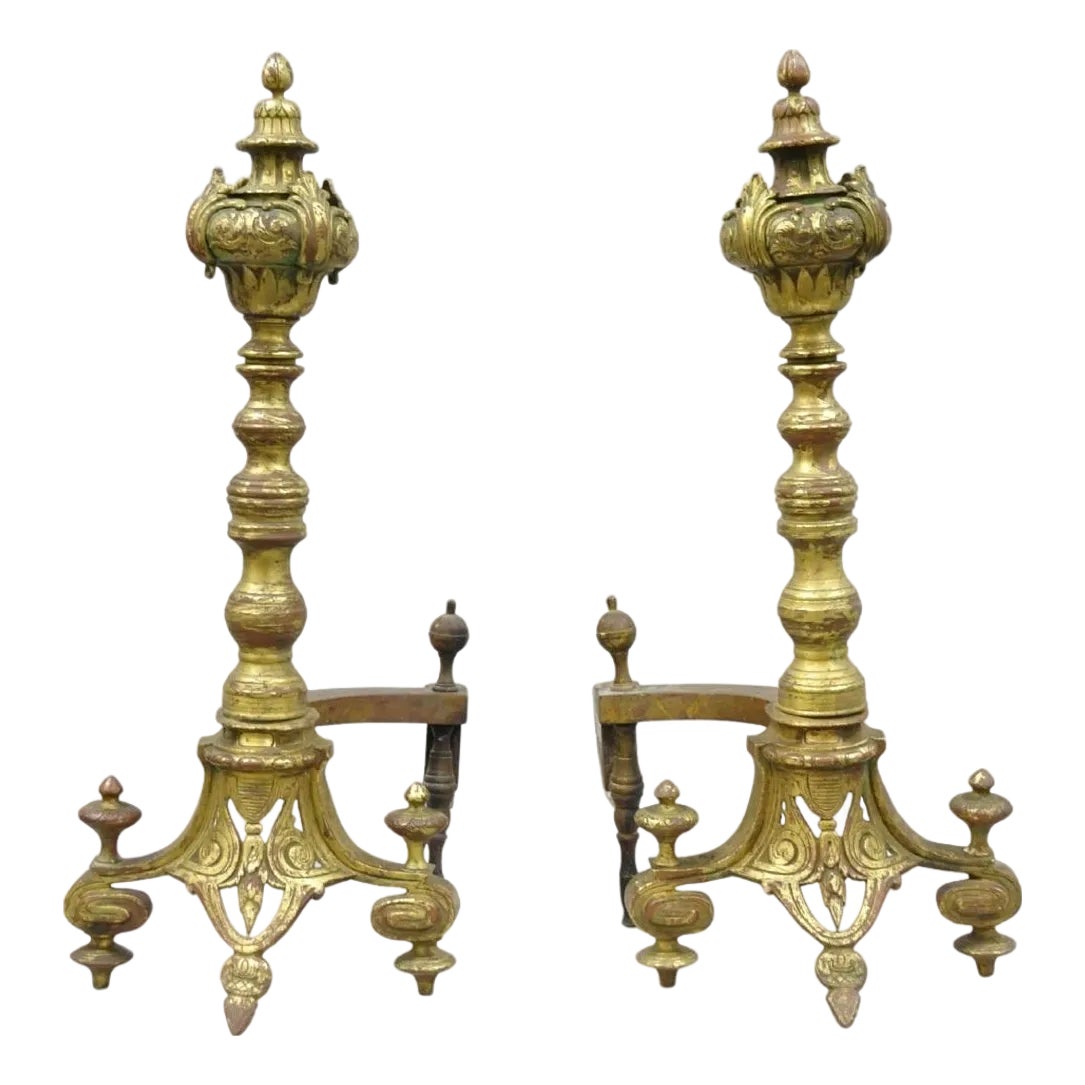 Antique French Baroque Louis XV Style Bronze Brass Andirons With Patina ...