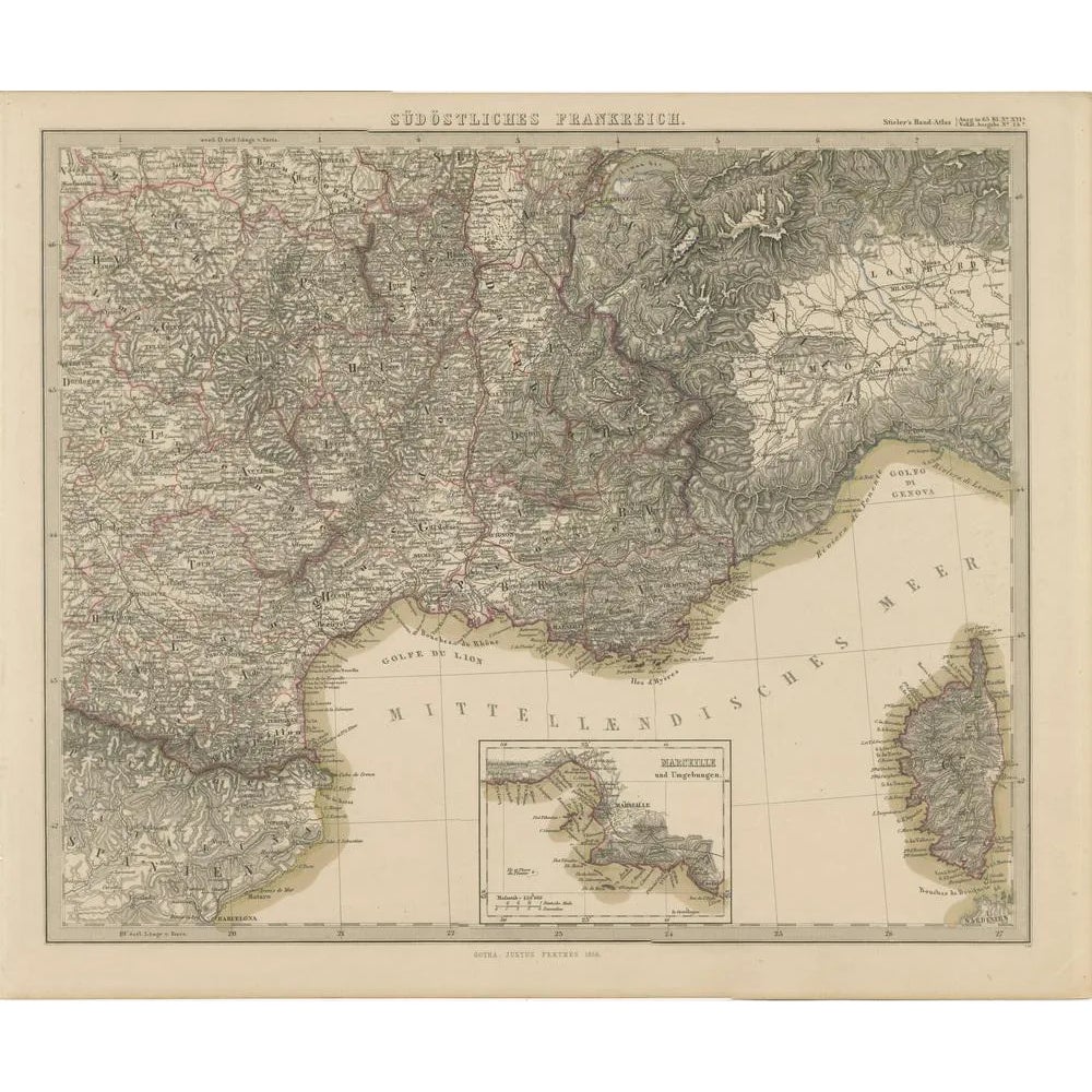 Map of Southern France to Italy with Corsica and Marseille, 1858 | Chairish