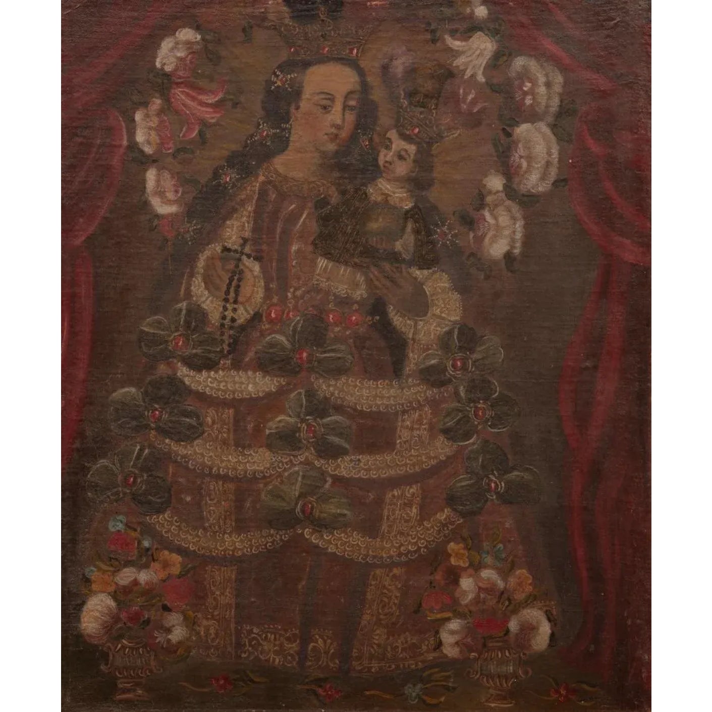 Antique Cusco School Painting on Wood of Virgin and Child | Chairish
