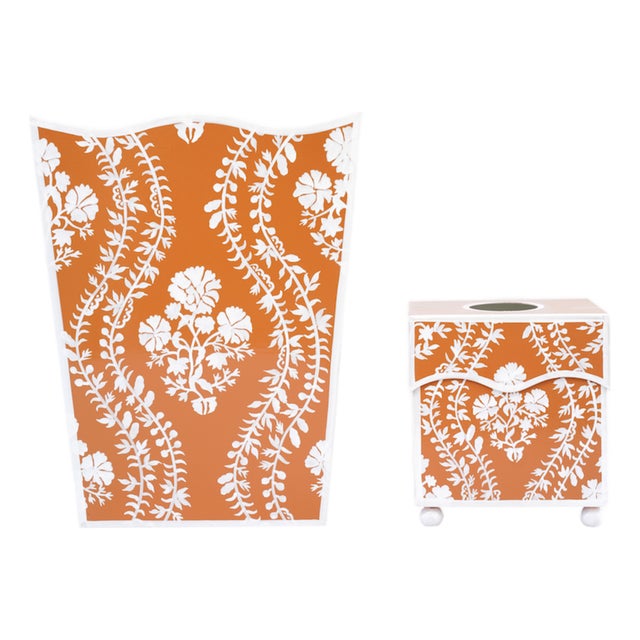 Burnt Orange Floral Trellis Tole Waste Basket & Tissue Box Set | Chairish