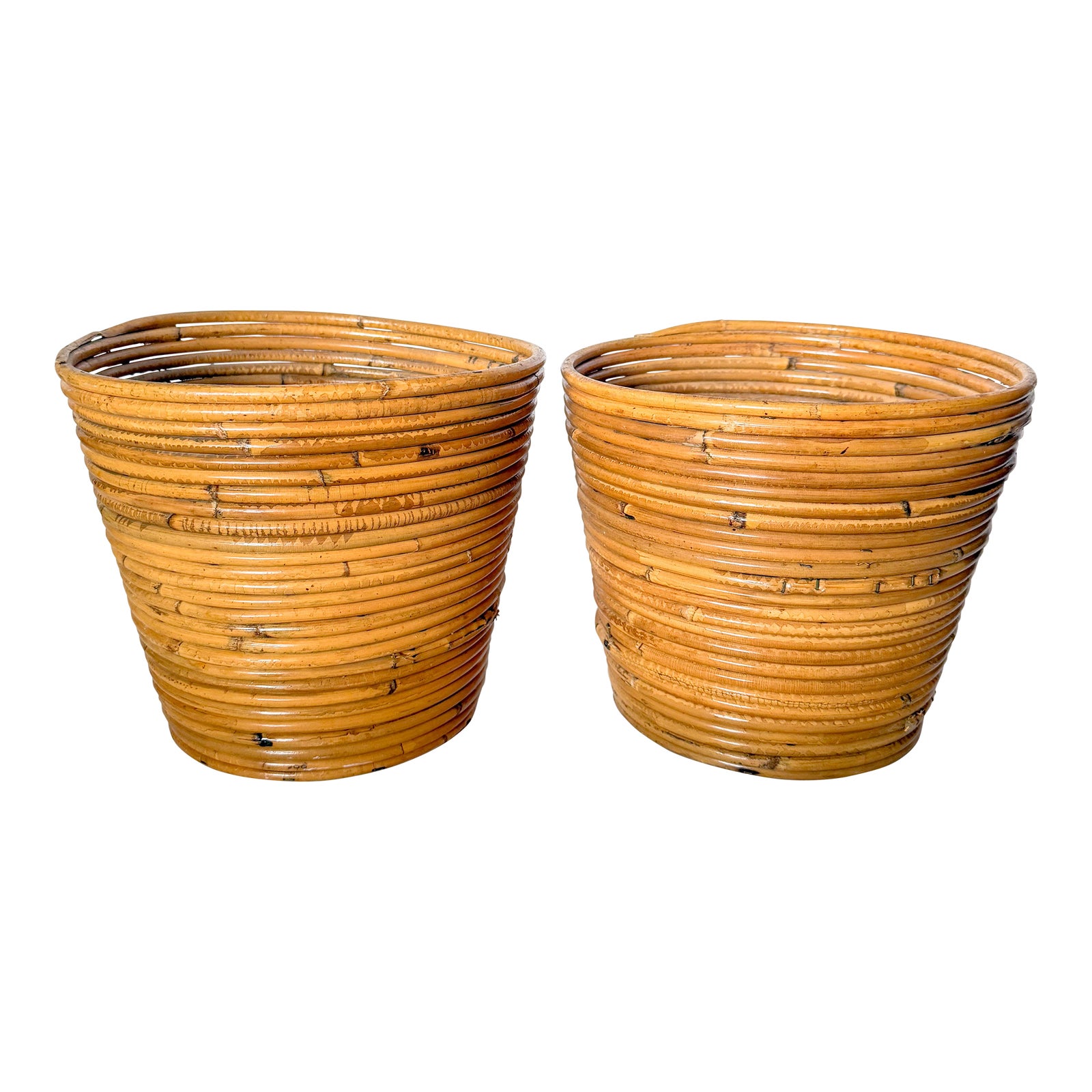 1970's Italian Style Pencil Reed Planters, a Pair | Chairish