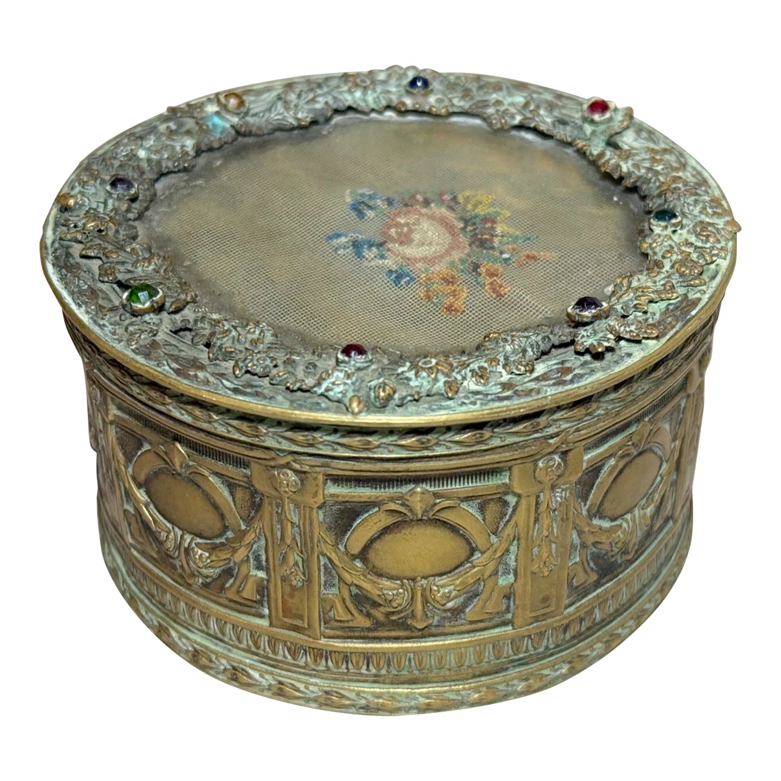 Antique Ornate 1800s Austrian Petit Point Jeweled Cylindrical Casket ...