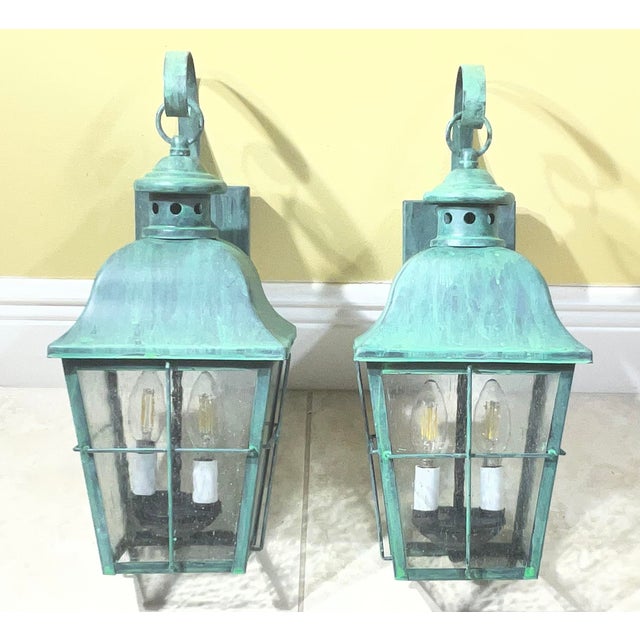 Pair of Verdigris Finish Steel Outdoor Wall Sconces - Seeded Glass 18”x ...