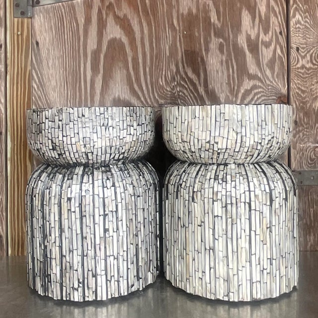 Vintage Boho Capiz Shell Low Stools - a Pair | Chairish