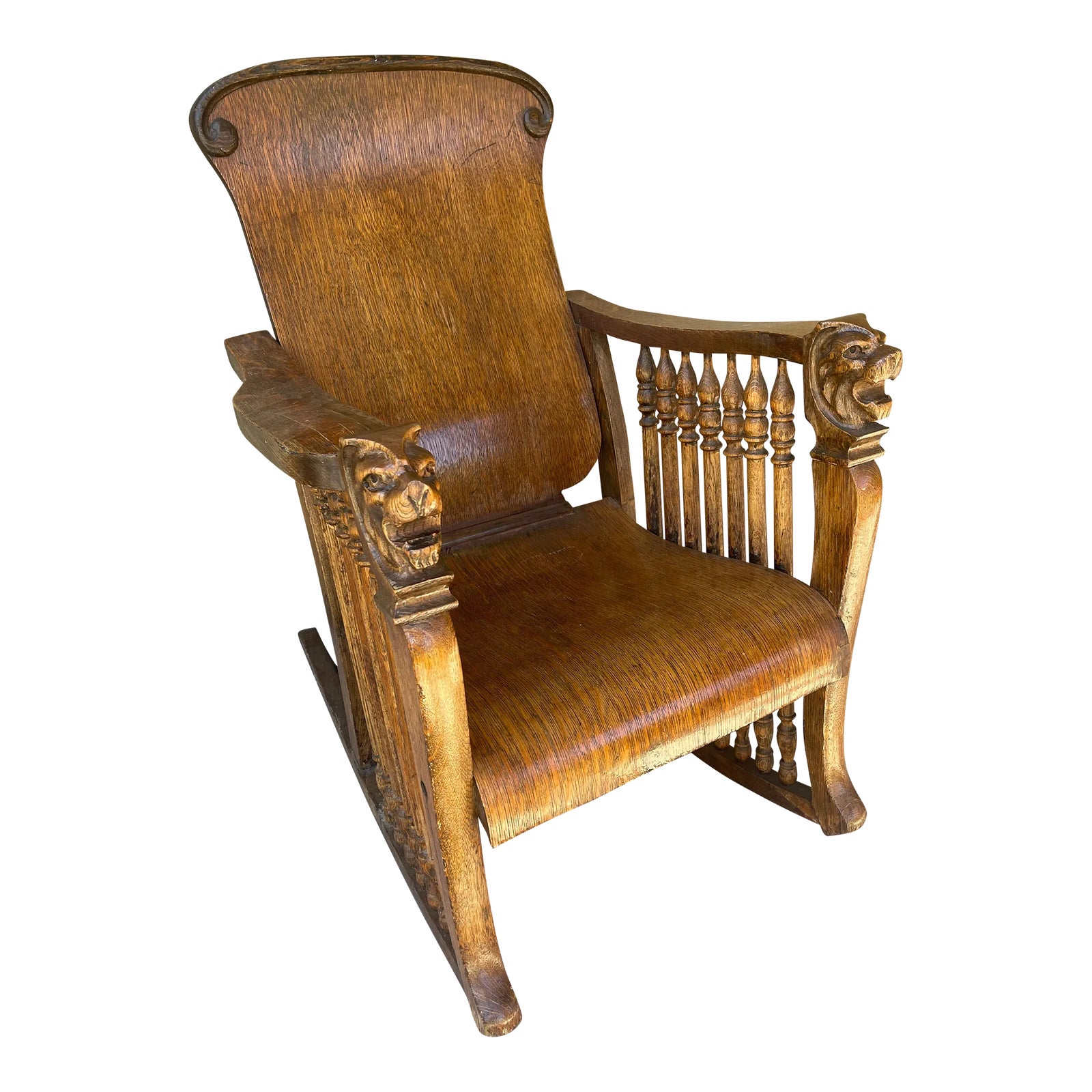 Early 20th Century Antique Oak Lion Rocking Chair | Chairish
