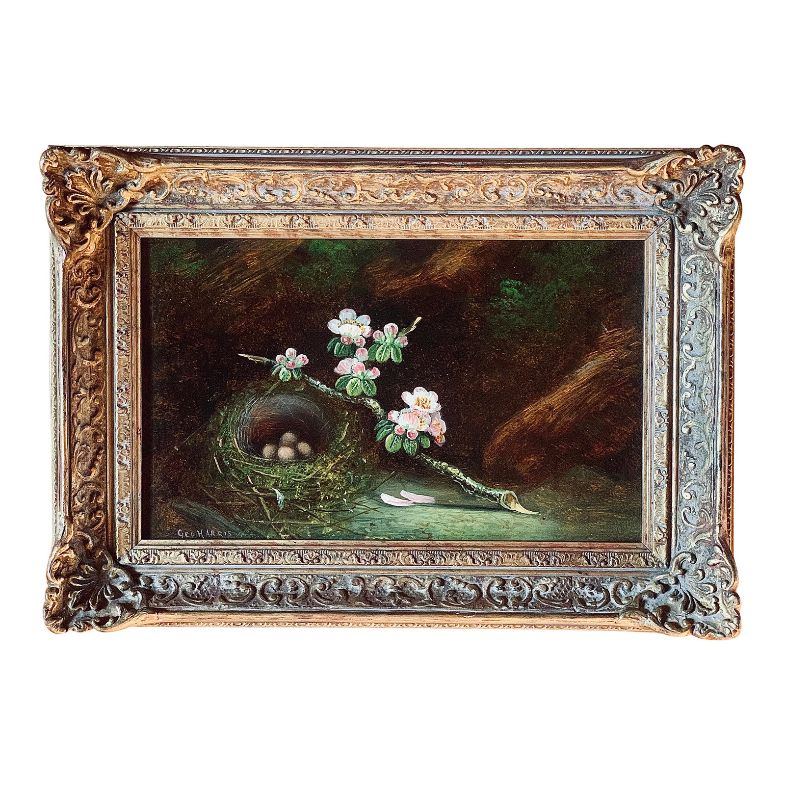 19th Century Still Life ‘Bird’s Nest With Feathers & Flowers’ Oil ...