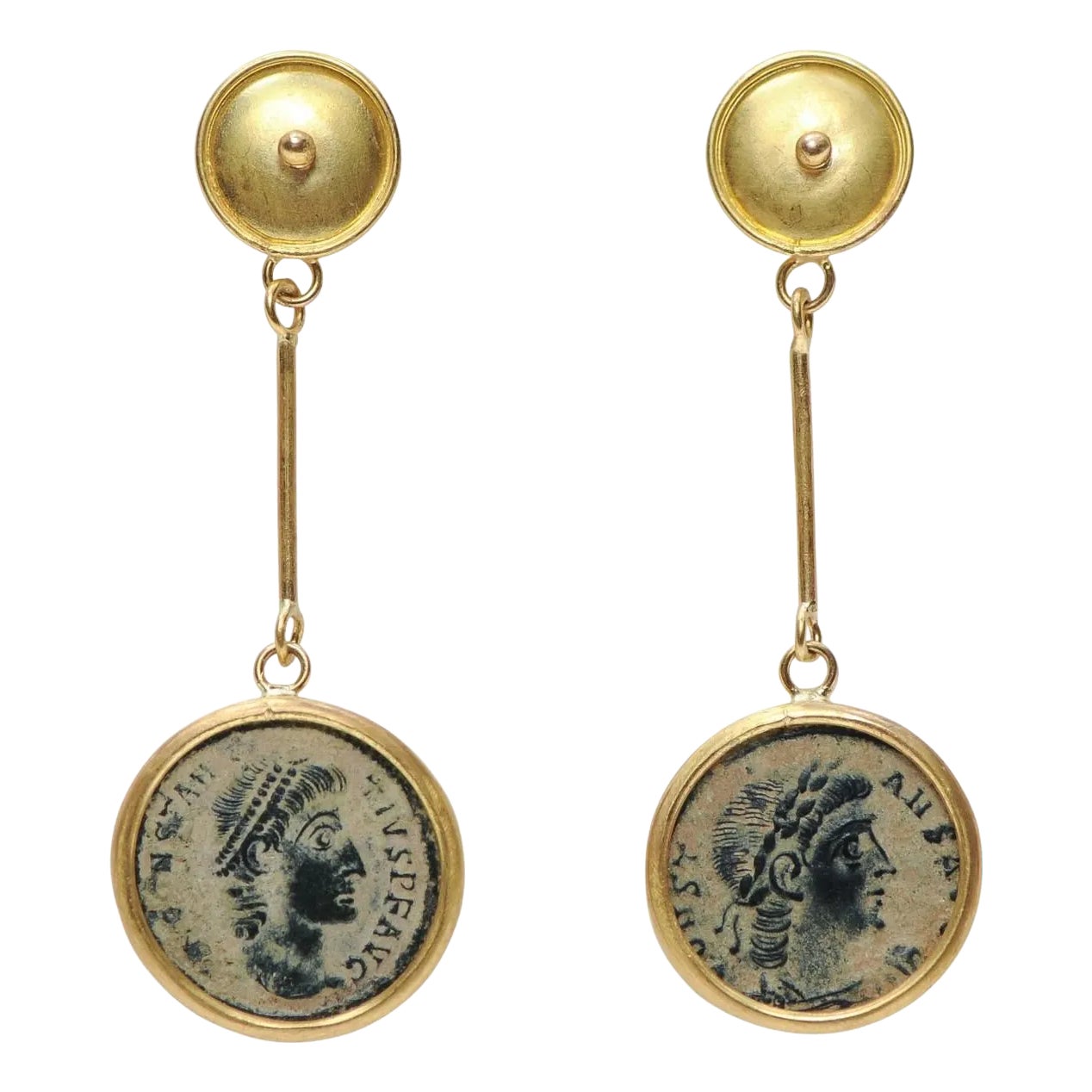 Bronze Roman Coins as Earrings With 21k Gold, a Pair | Chairish