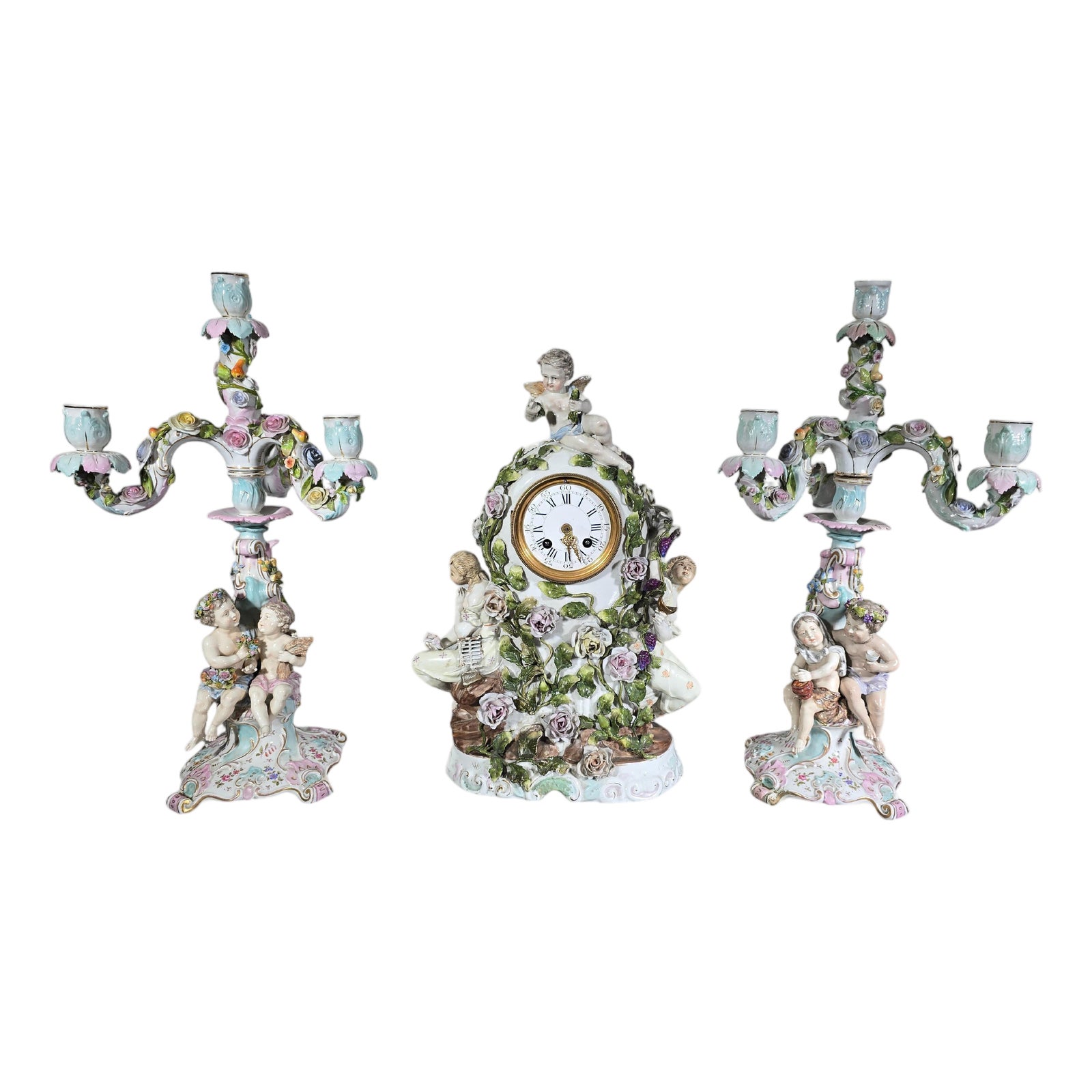 Antique German Porcelain Clock Garniture Set with Candelabra, 1890, Set ...