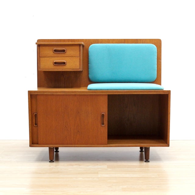 1960s Mid Century Teak Entryway Bench in Teal | Chairish