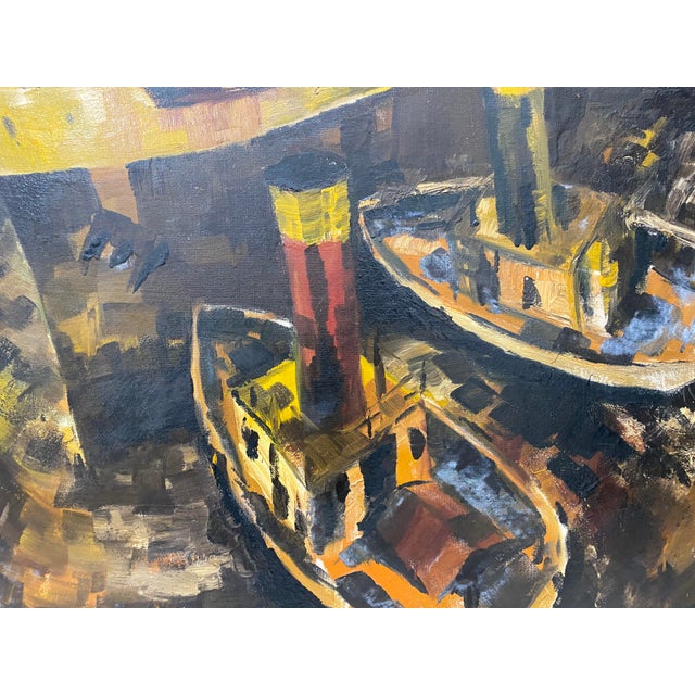 Jack Laycox Mid Century "Tug Boats" Oil Painting C.1960 | Chairish