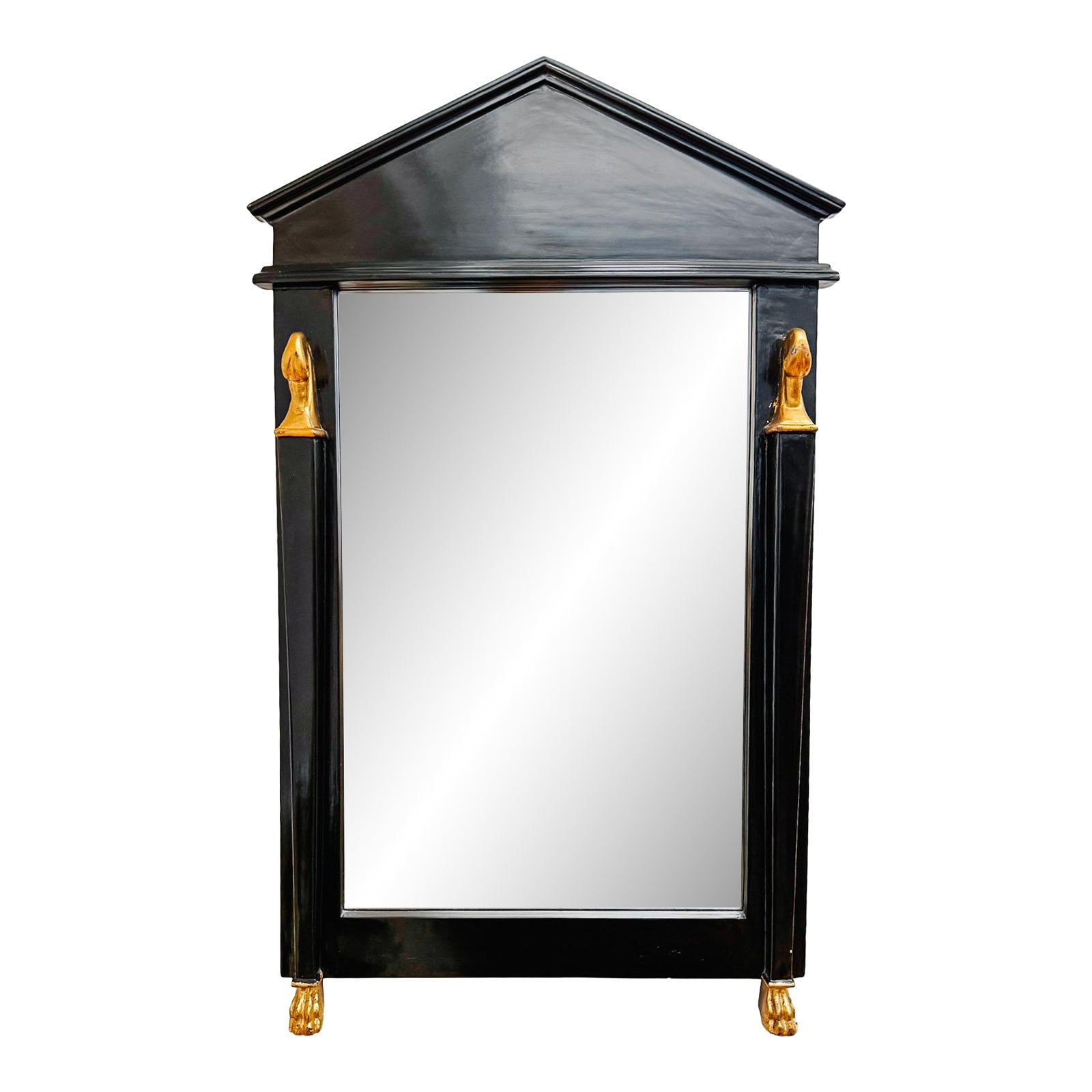 Vintage Neoclassical Black Lacquer & Gilt Pediment Mirror With Lion's ...