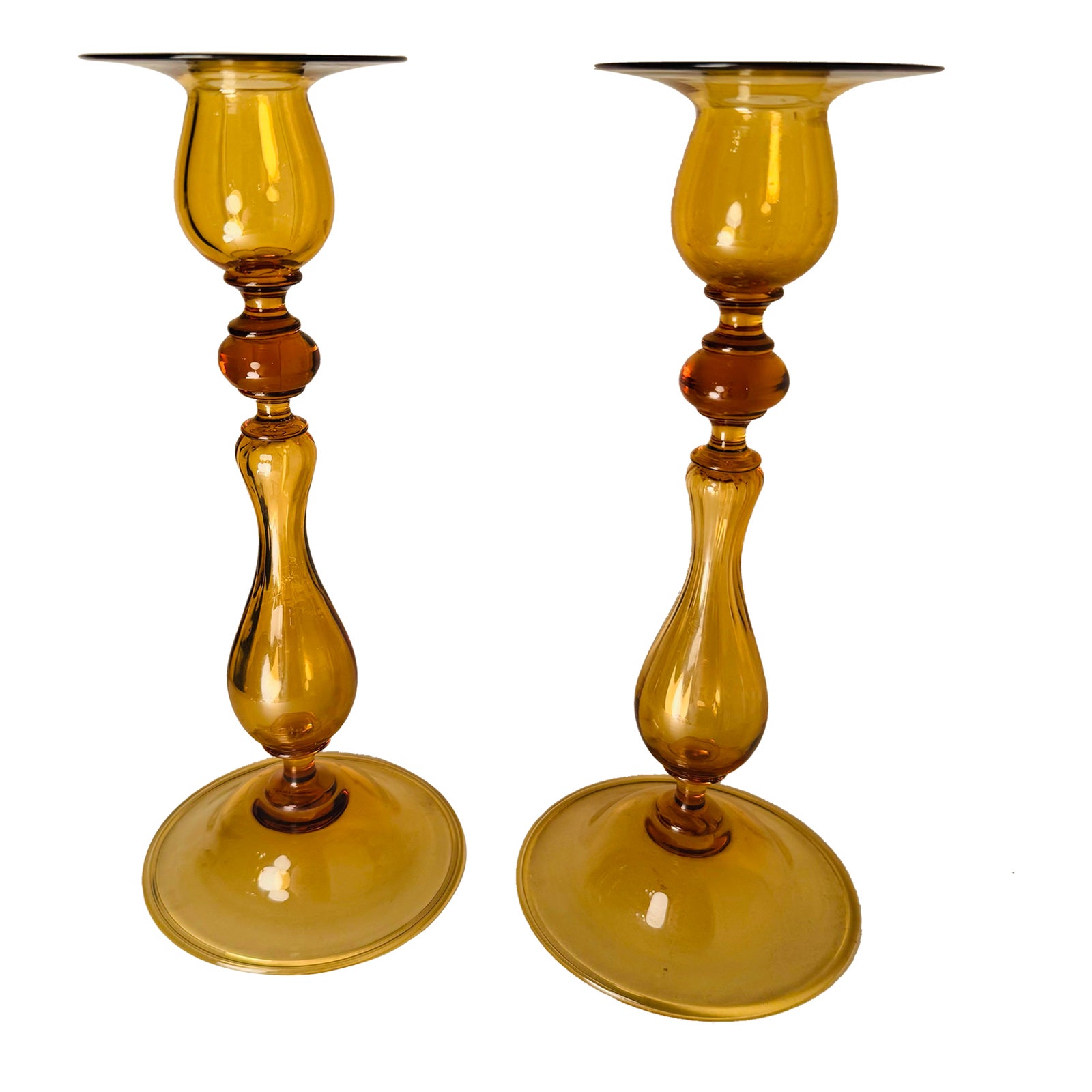 Mid-Century Amber Glass Candlesticks- a Pair | Chairish