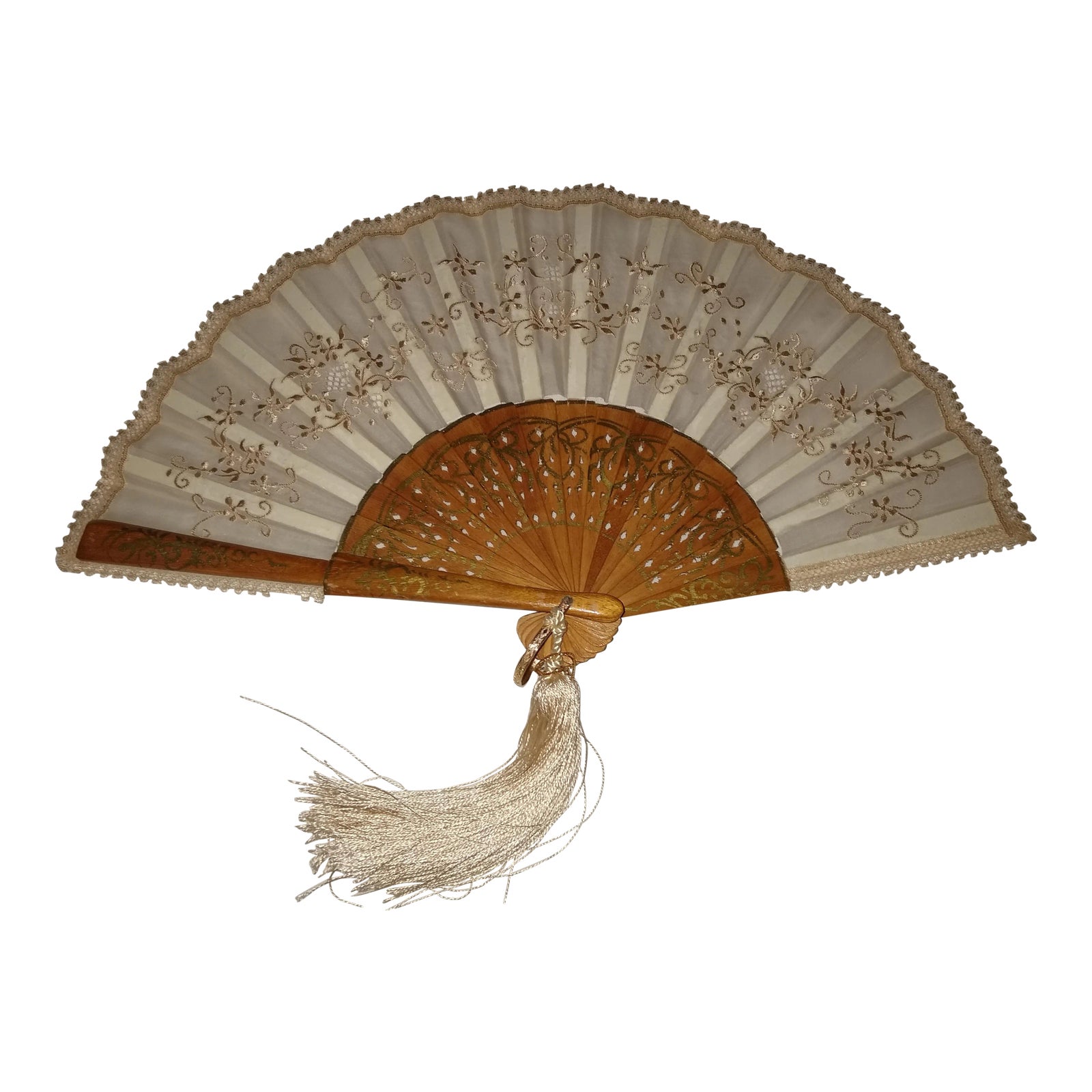 Vintage Lace Fabric Embroidered Unframed Hand Fan | Chairish