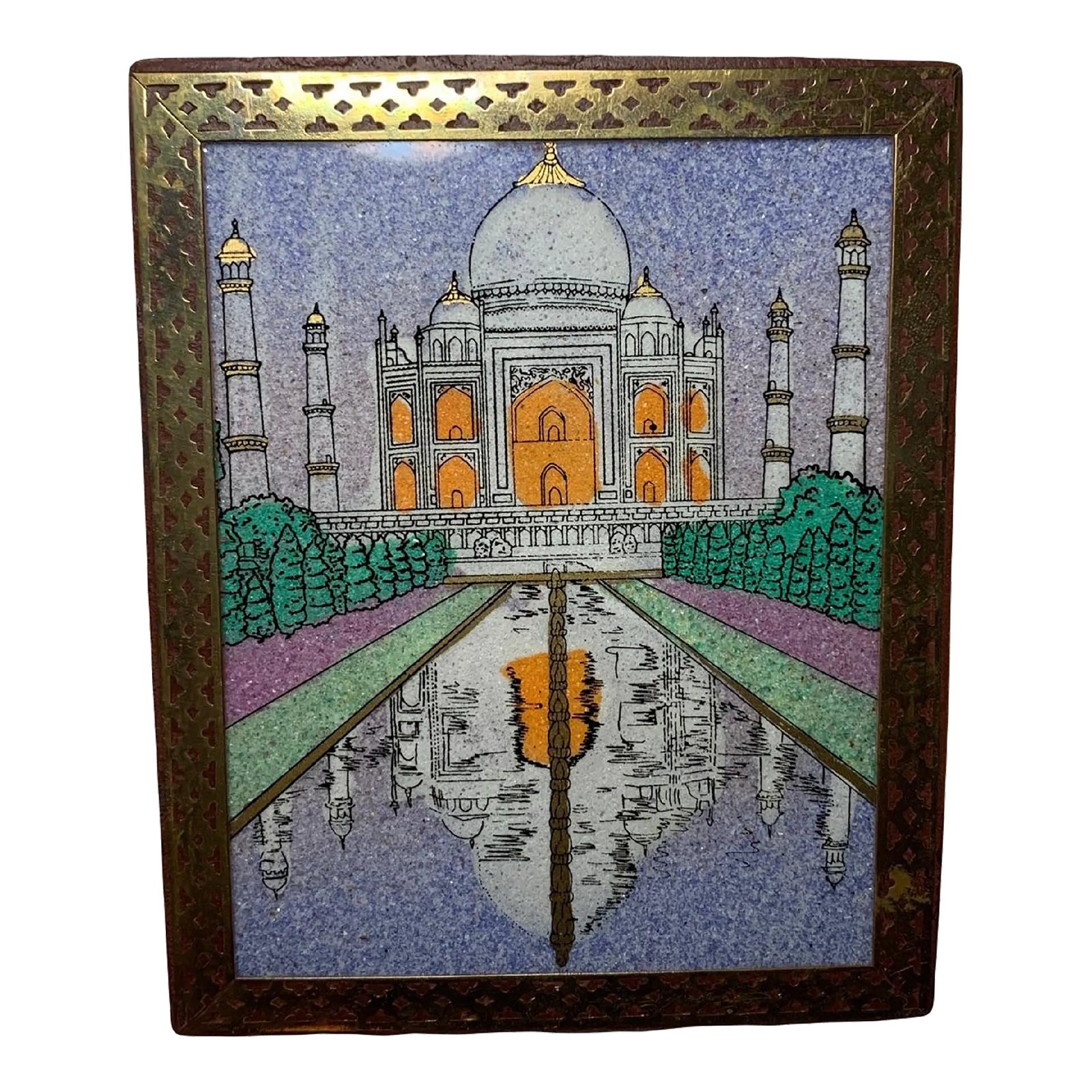 1980s Indian Taj Mahal Glass Gemstone Painting Jewelry Box With Brass ...