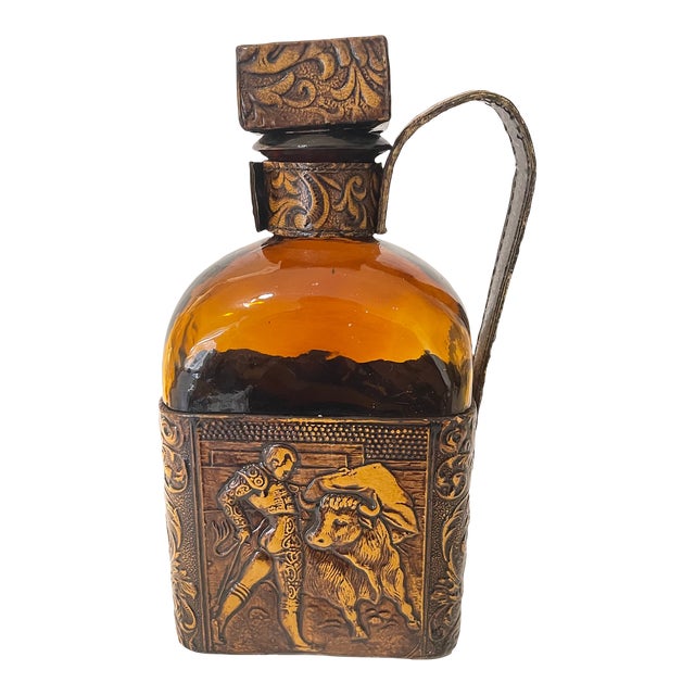 Vintage 1960s Whiskey Decanter Amber Glass Leather Embossed, Spain ...