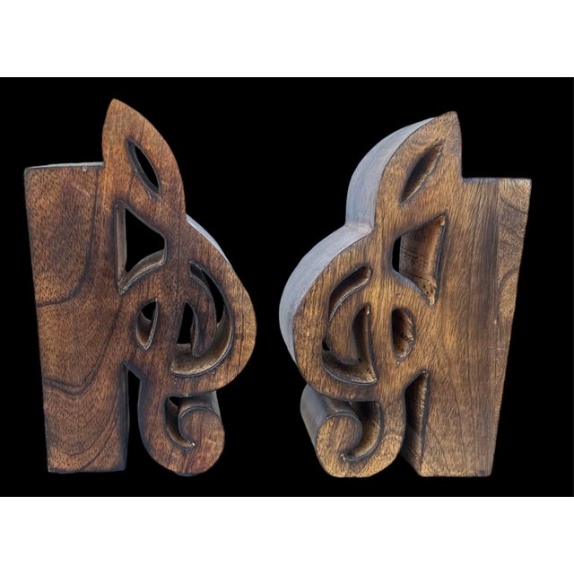Wooden Pair Book Ends Music Notes Form Wood Carved Sculptural Vintage ...