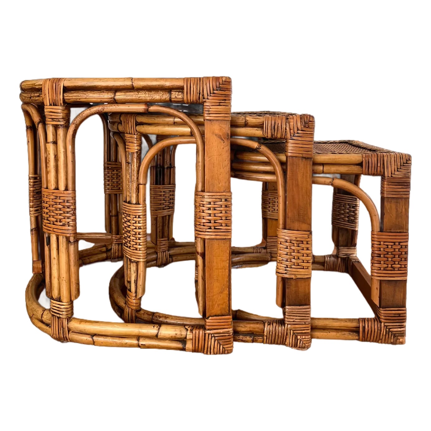 1970s Vintage Semi-Circle Bamboo & Cane Nesting Tables/Stacking Tables ...