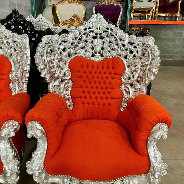 Rococo Style Throne Chair – Orange Velvet Upholstery With Silver Leaf ...