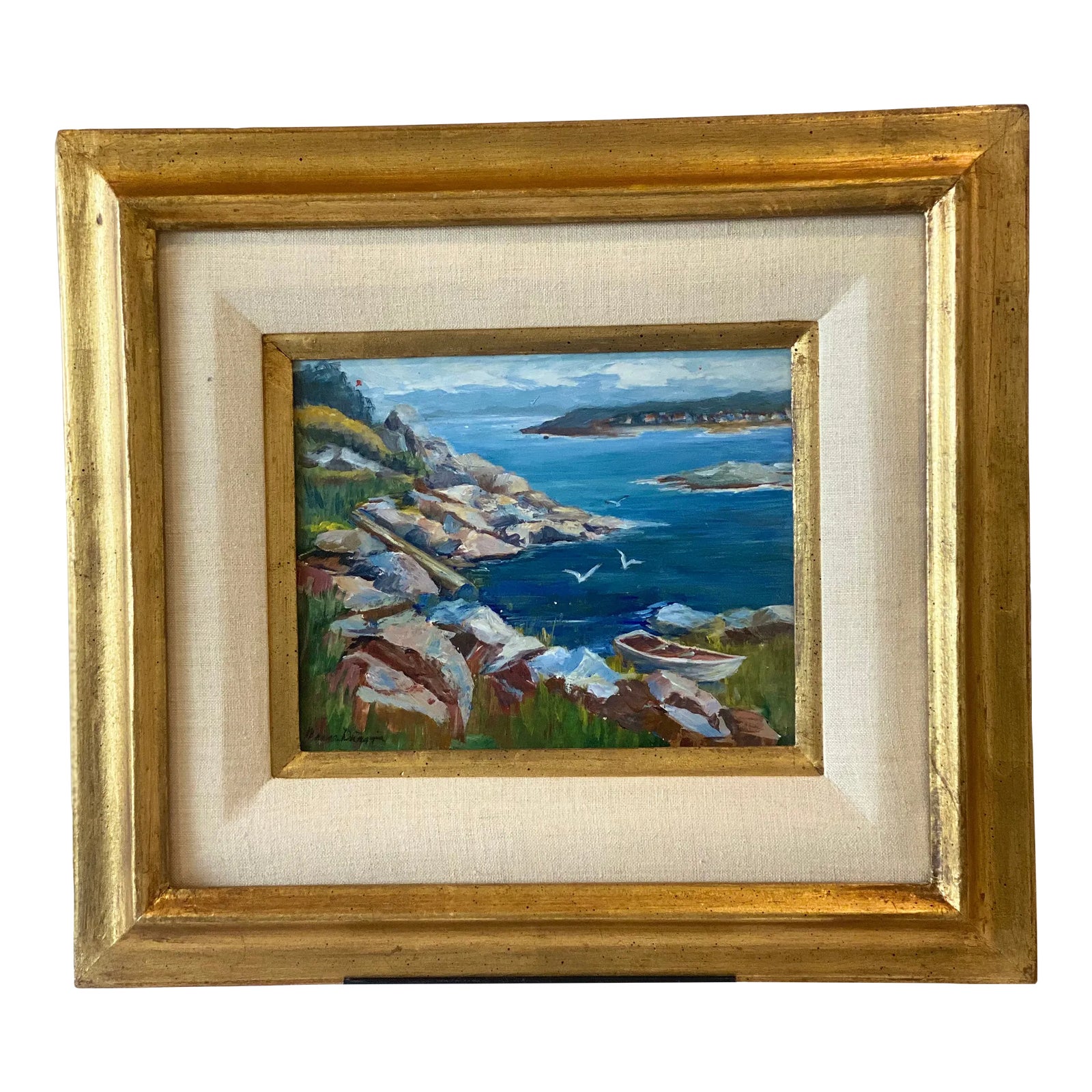 2000s California Shoreline Painting of Rocky Coast on Board | Chairish